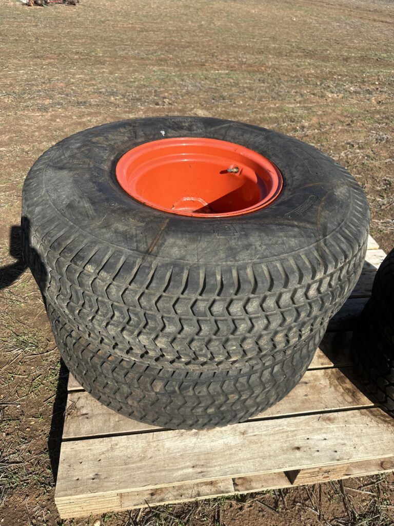 Pair of Bridgestone13.6-16 Kubota tractor tyres and rims - DRM Equipment